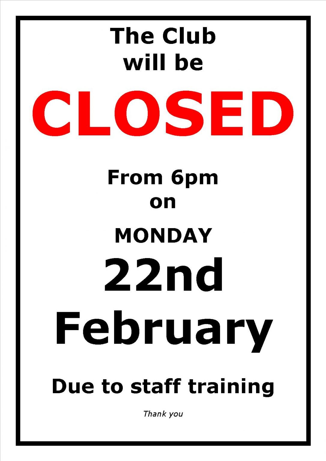 club closed staff training - Club Nowra